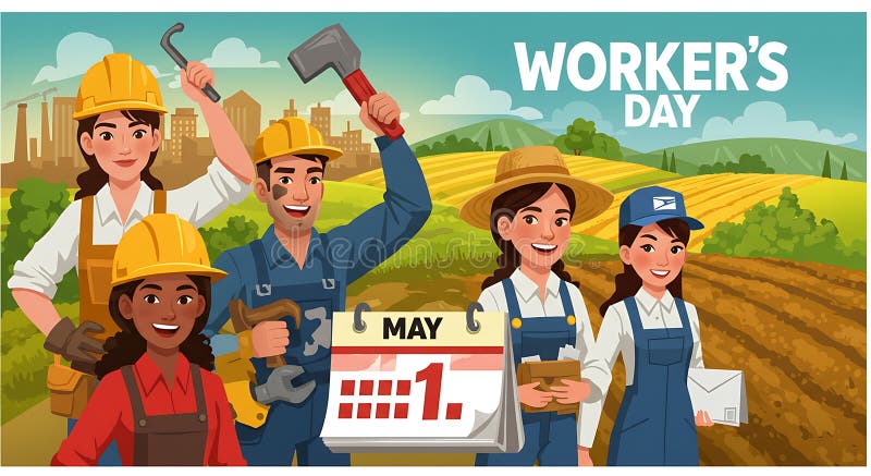 Group of Five Workers Stand Smiling in Front of a Rural Landscape with ...