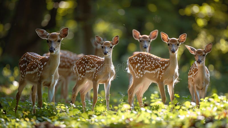 A Group of Five Young Deer Stand in a Forest, Looking Curiously at the ...
