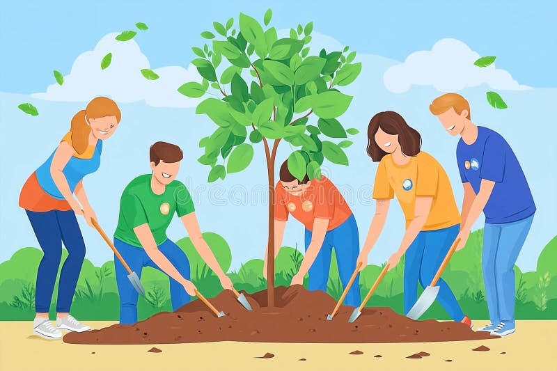 Group Young Volunteers Planting Tree Together Environmental ...