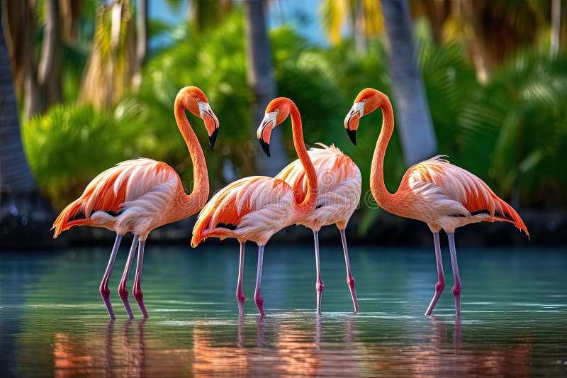 Group of Flamingos Standing in the Water at Sunset in a Park, AI ...