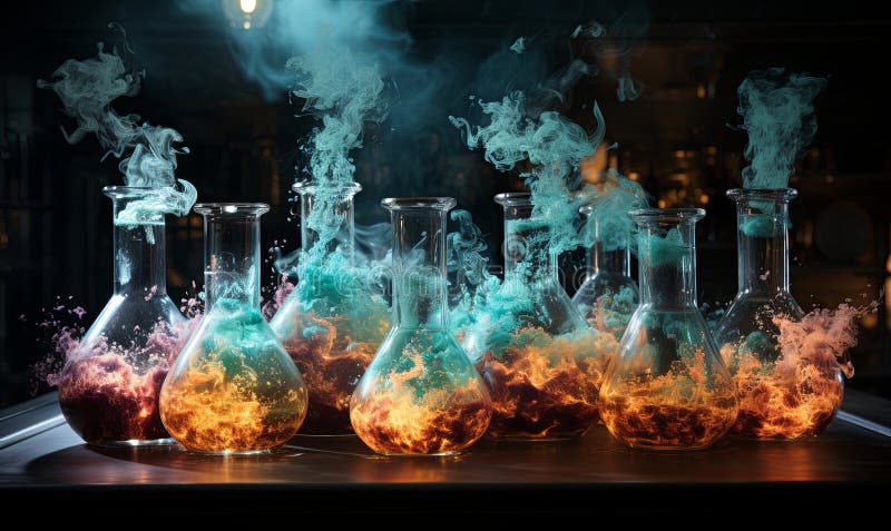 Group of Flasks Filled with Colored Liquid Stock Image - Image of ...