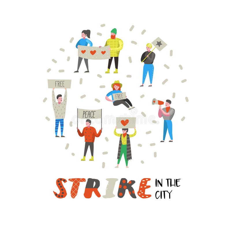 Group of Flat Angry People Protesting at Strike. Characters Picketing ...