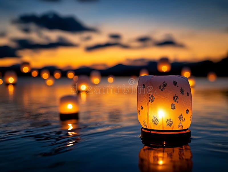 A Group of Floating Lanterns Floating in the Water at Sunset Stock ...