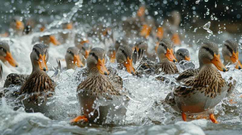 A Group of a Flock of Ducks are Splashing in the Water, AI Stock ...