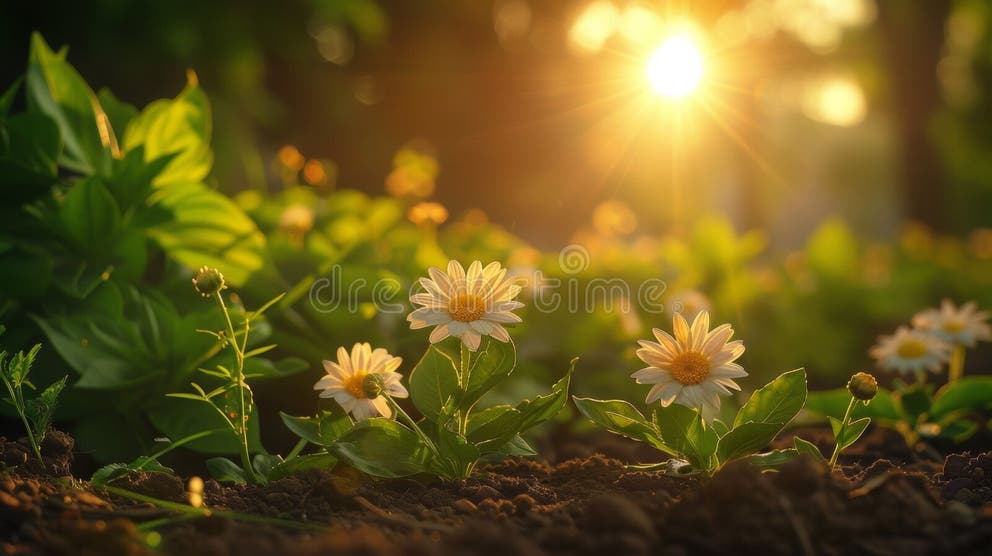 A Group of Flowers in a Field with the Sun Shining, AI Stock Image ...