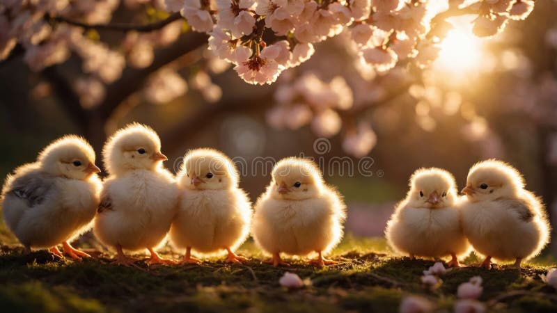 Adorable Baby Chicks Under Cherry Blossoms at Sunset Stock Illustration ...