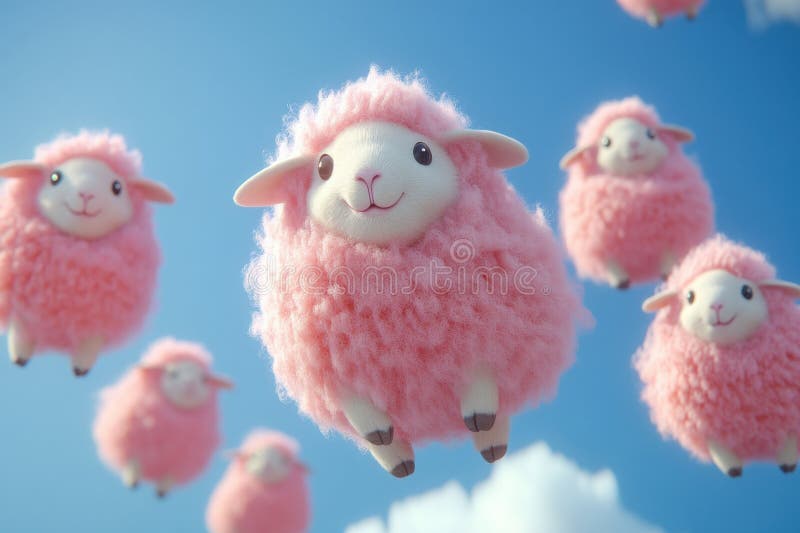 A Group of Fluffy Pink Sheep are Flying in the Sky Stock Photo - Image ...