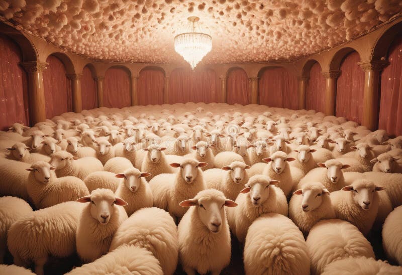 A Group of Fluffy White Sheep in a Surreal, Pink-hued Room Stock ...