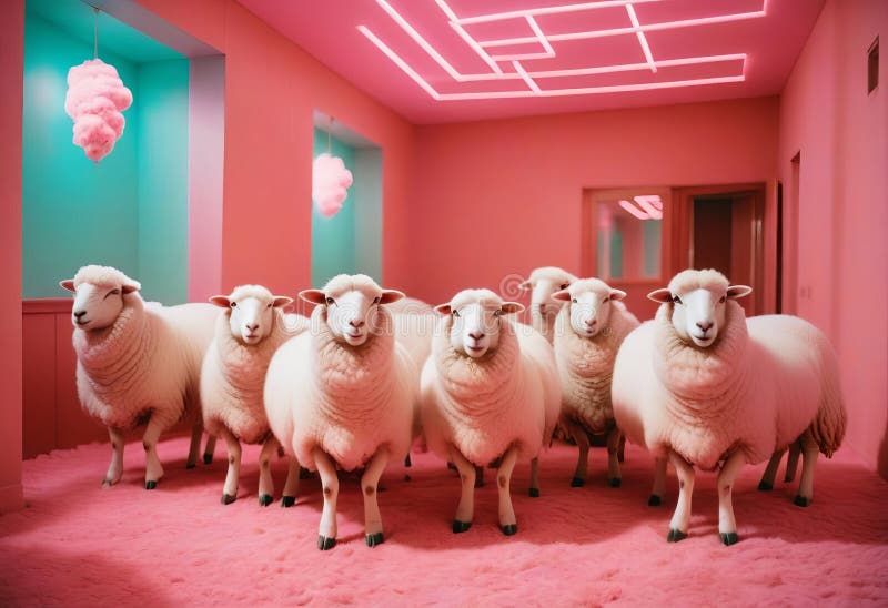 A Group of Fluffy White Sheep in a Surreal, Pink-hued Room Stock ...