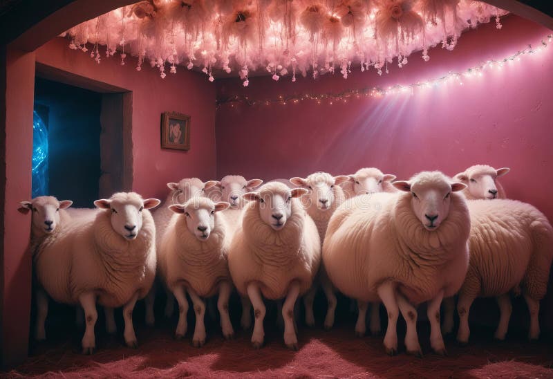 A Group of Fluffy White Sheep in a Surreal, Pink-hued Room Stock ...