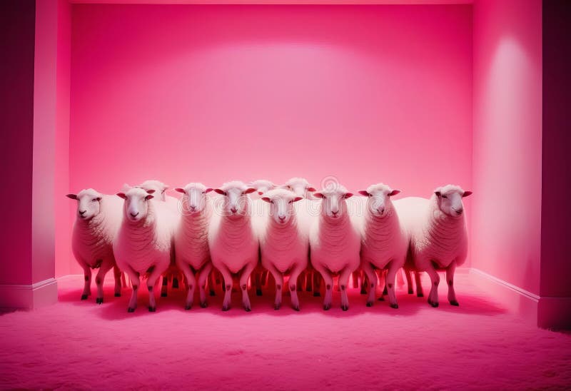 A Group of Fluffy White Sheep in a Surreal, Pink-hued Room Stock ...