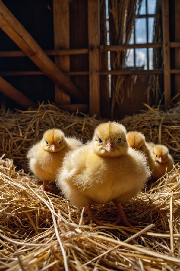 Adorable Fluffy Yellow Chicks in Hay Nest Stock Illustration ...