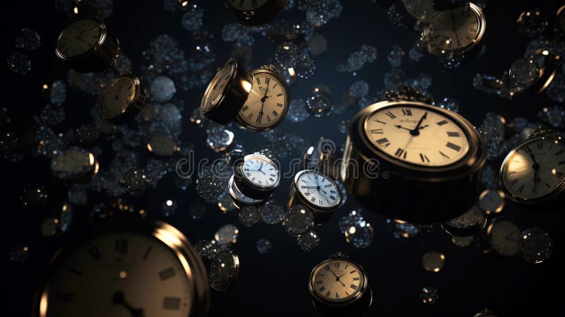 Group of Flying Vintage Retro Clocks with Chains, Dark Background. AI ...