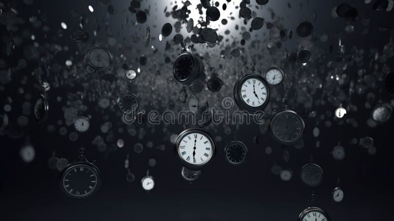 Group of Flying Vintage Retro Clocks with Chains, Dark Background. AI ...