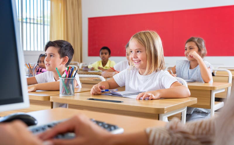 Group of Focused Children Working at Class Stock Photo - Image of ...