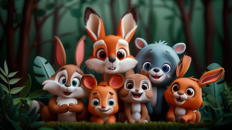 A Group of Forest Animals, Including a Bunny, Fox, and Bear, Gather ...