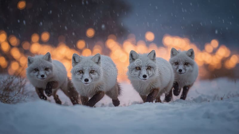 Arctic Foxes Running in Snowy Landscape at Sunset Stock Illustration ...