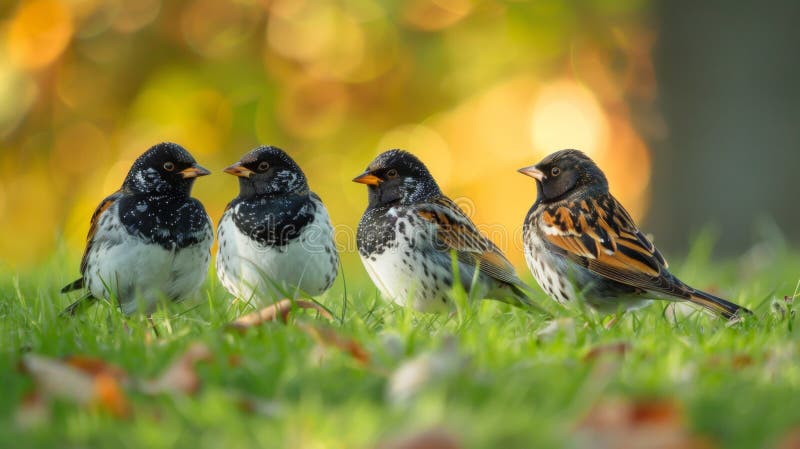 A Group of Four Birds Standing in a Grassy Area, AI Stock Photo - Image ...