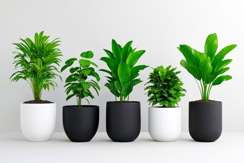 A Group of Four Black and White Planters with Plants in Them Stock ...