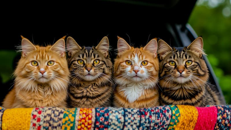 A Group of Four Cats Sitting on Top of a Colorful Blanket Stock Photo ...