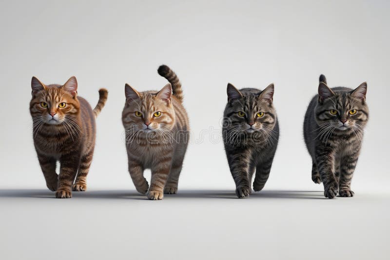 A Group of Four Cats Walking in a Row on a White Background Stock ...