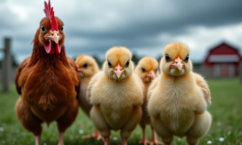 Group of Four Chicks Standing in a Field Next To a Chicken Stock Photo ...