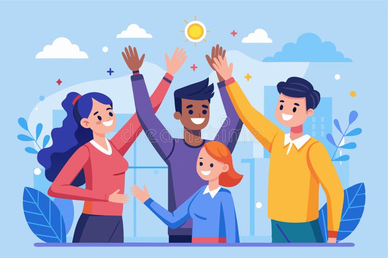 A Group of Four Colleagues Celebrates Success with a Cheerful High Five ...