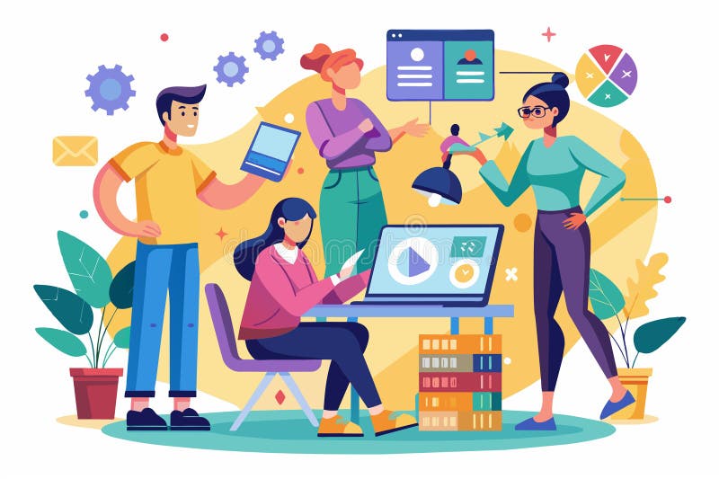 A Group of Four Colleagues Work Together on Flat Illustrations Using ...