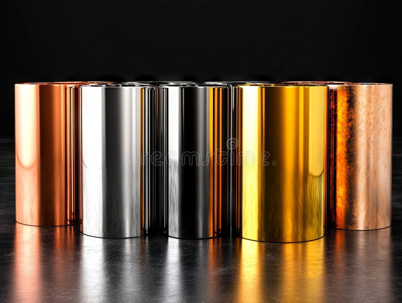 A Group of Four Different Colored Cans Sitting on Top of a Table Stock ...