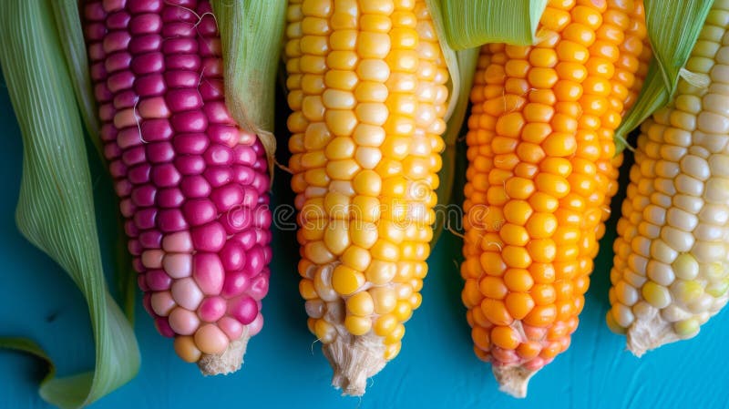 A Group of Four Different Colored Corn on a Blue Surface, AI Stock ...