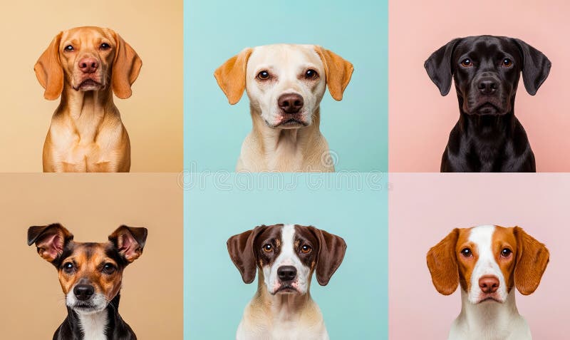 A Group of Four Different Colored Dogs Looking at the Camera Stock ...