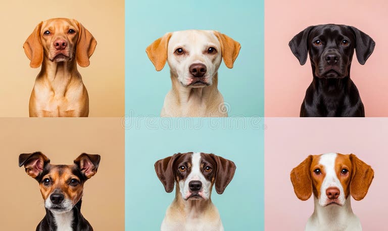 A Group of Four Different Colored Dogs Looking at the Camera Stock ...