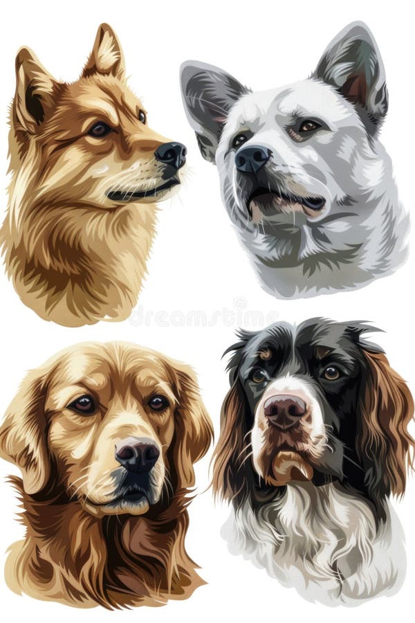 A Group of Four Different Colored Dogs Posing Together on a Clean White ...