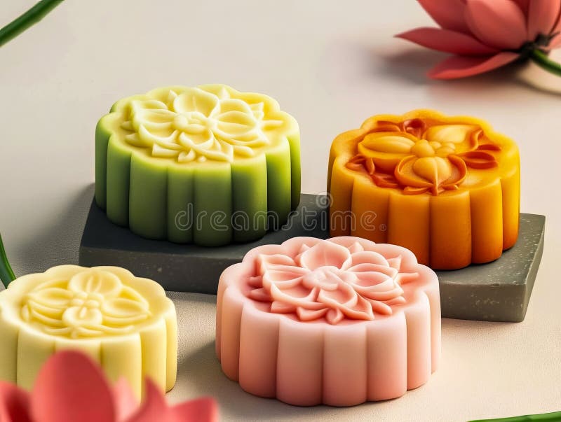 A Group of Four Different Colored Mooncakes Sitting on Top of a Table ...