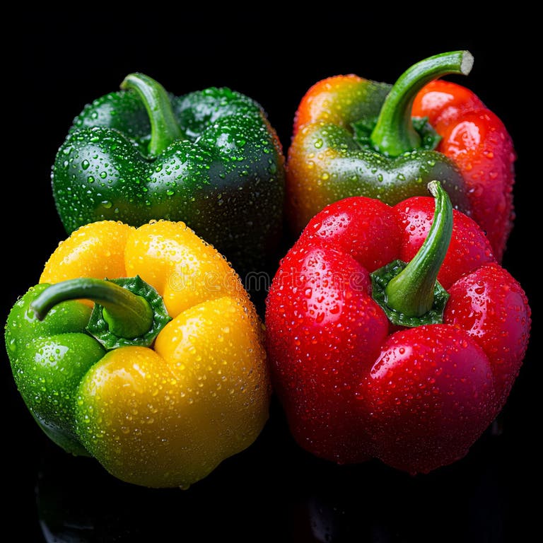 A Group of Four Different Colored Peppers with Water Droplets on Them ...