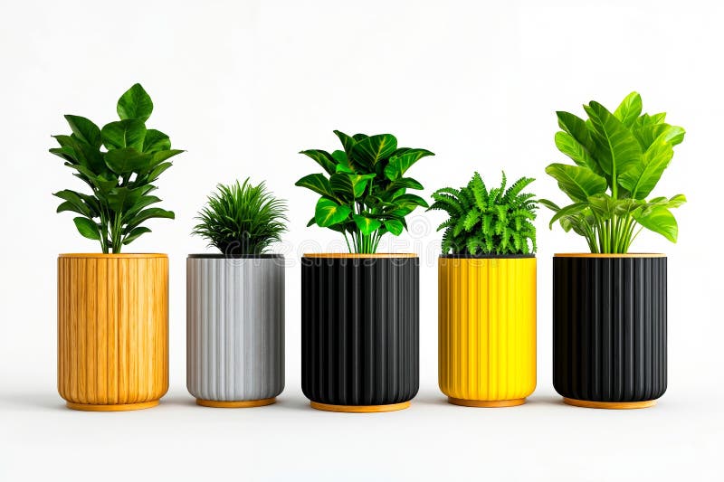 A Group of Four Different Colored Planters with Plants in Them Stock ...