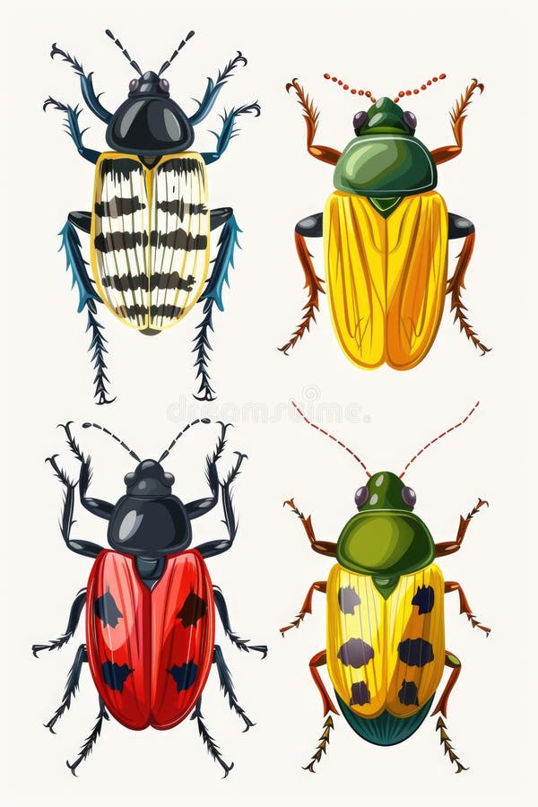 A Group of Four Differently Colored Bugs Sit on a White Surface Stock ...