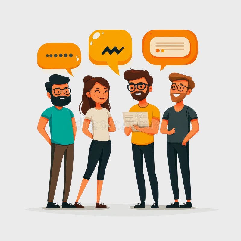 Group of Four Diverse Cartoon Characters Engaging in Lively ...