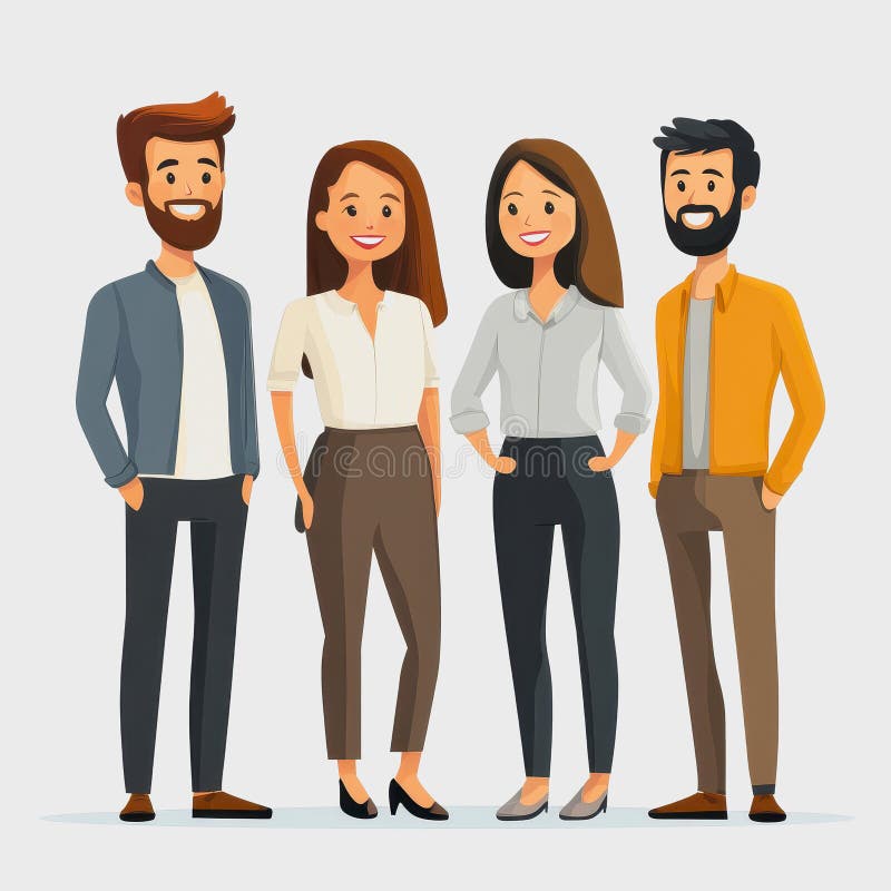 Group of Four Diverse Stylized Characters Standing Together, Smiling ...