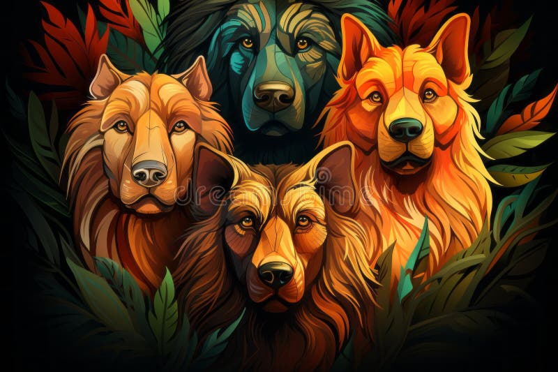 A Group of Four Dogs in the Jungle Stock Illustration - Illustration of ...
