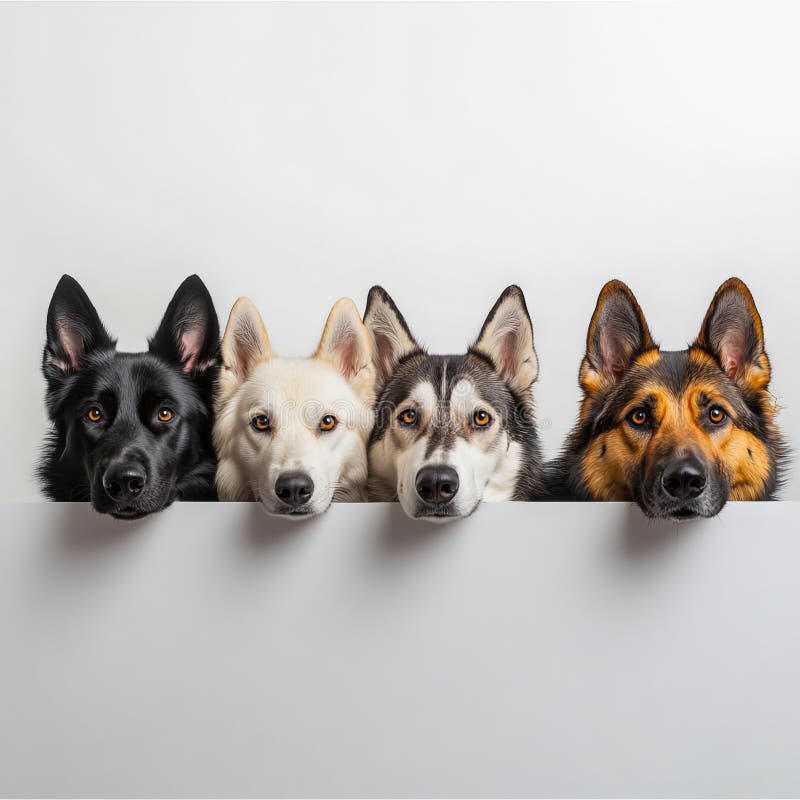 A Group of Four Dogs Peeking Over a White Panel Stock Photo - Image of ...