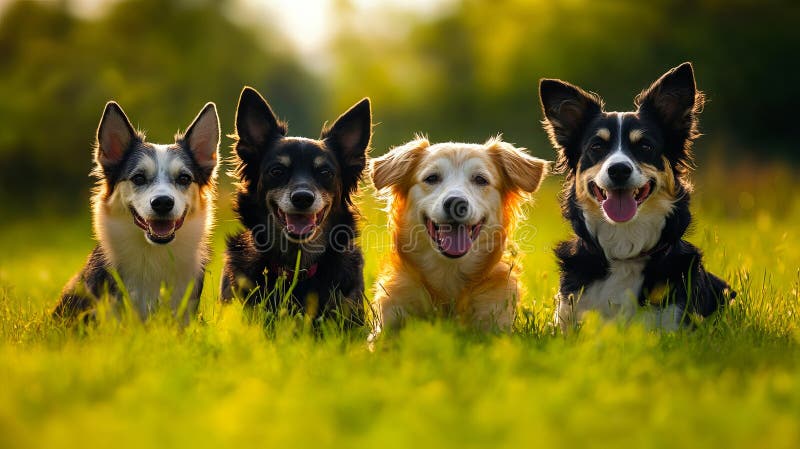 A Group of Four Dogs Sitting in a Field of Grass Stock Image - Image of ...