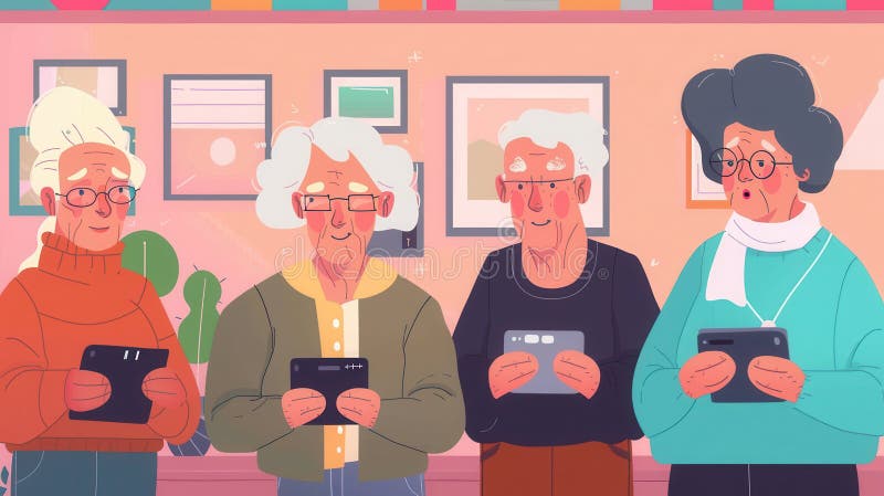 A Group of Four Elderly People is Focused on Using Tablets Together ...