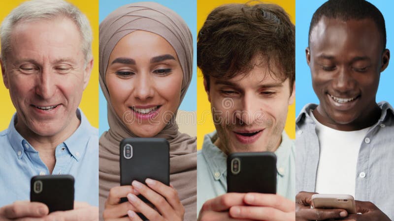 Diverse Group of Friends Engaged with Smartphones, Smiling and ...