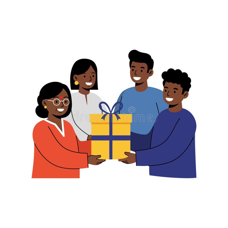 Group of Four Friends Joyfully Exchanging a Gift in Flat Vector Art ...