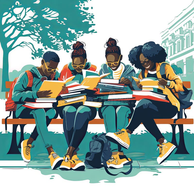 Four Friends Studying Together on a Bench Outdoors in a Vibrant ...