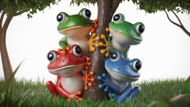 A Group of Four Frogs are Standing Around a Tree, AI Stock Photo ...
