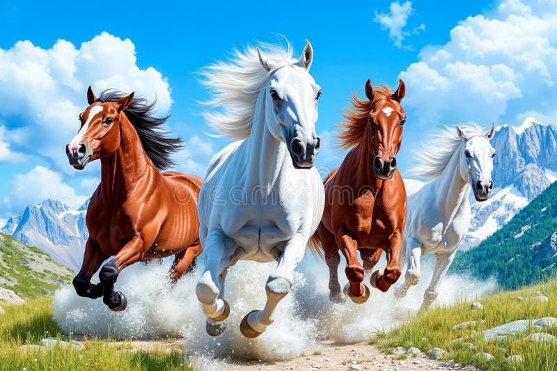 A Group of Four Horses Running in the Mountains Stock Image - Image of ...
