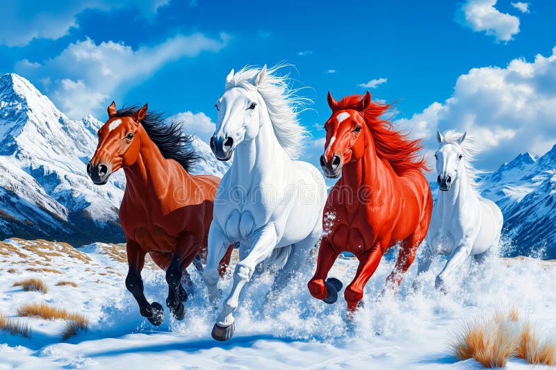 A Group of Four Horses Running in the Snow Stock Photo - Image of wild ...