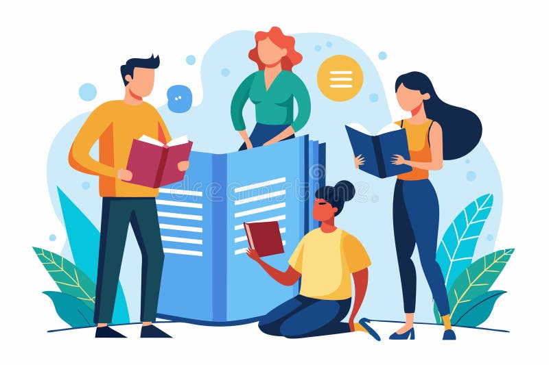 A Group of Four Individuals Explores a User Manual Guide Book, Sharing ...